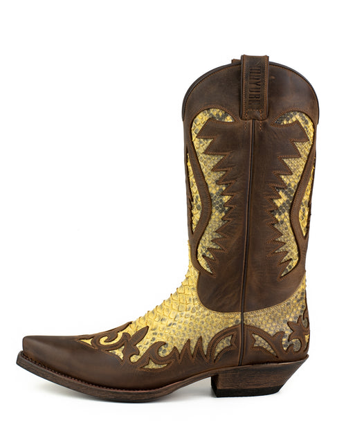 Men's Country Western Cowboy Boots 2567 Leather Brown and Yellow Exotic